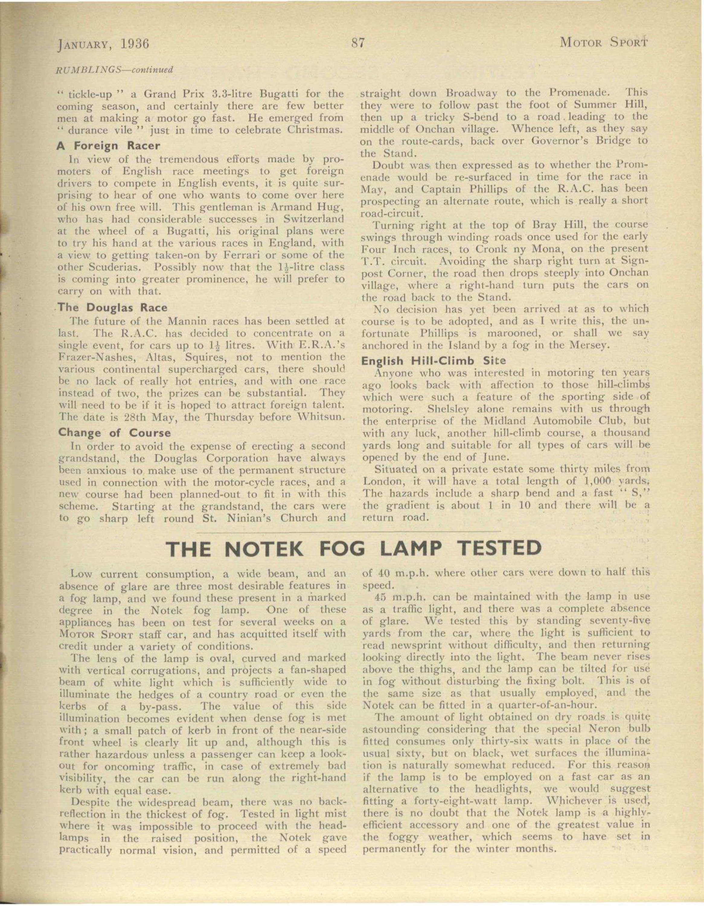 THE NOTEK FOG LAMP TESTED January 1936 - Motor Sport Magazine