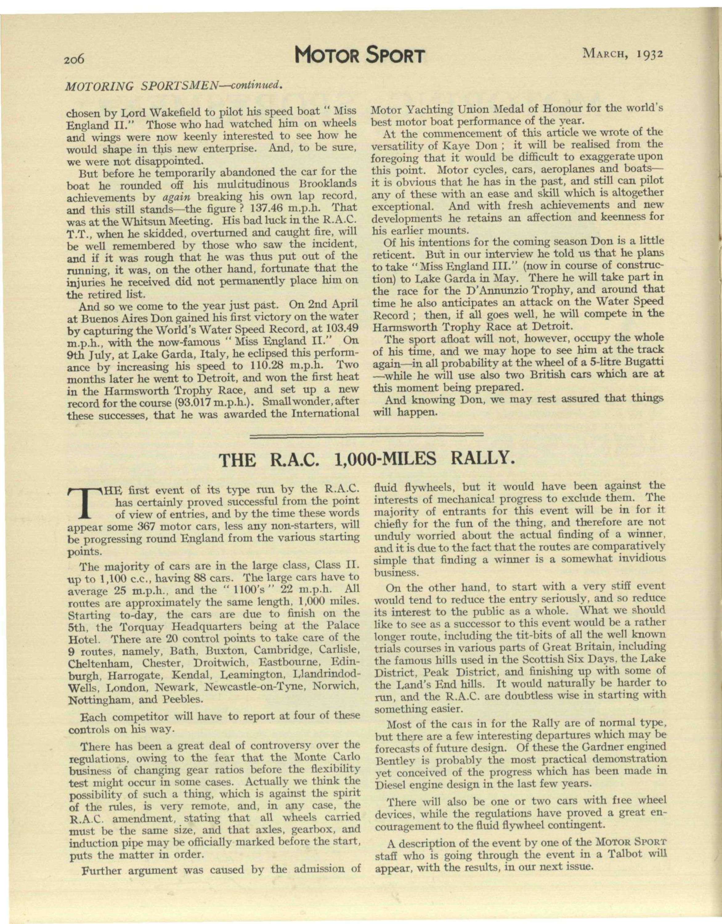 THE R.A.C. 1,000 MILES RALLY. March 1932 - Motor Sport Magazine